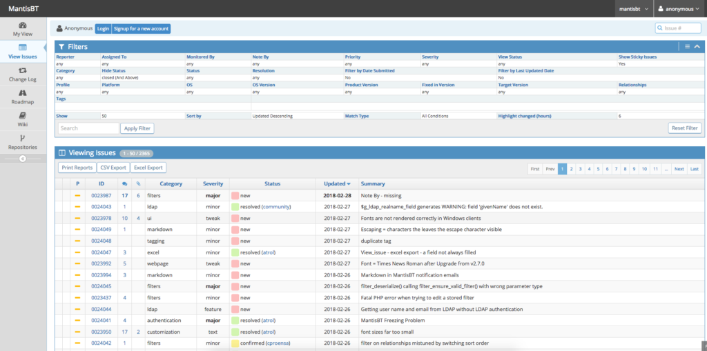 MantisBT Demo Site » Try MantisBT without installing it